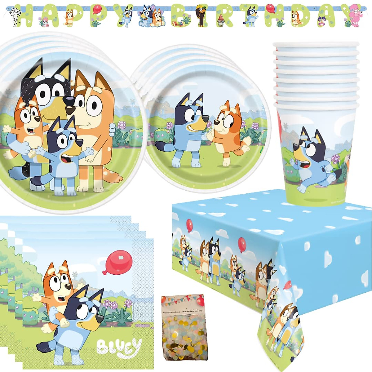 Bluey Birthday Decorations - Bluey Birthday Party Supplies for your Bluey Party featuring Bluey Party Decorations and Bluey Plates and Napkins and Tableware for 16 guests.
