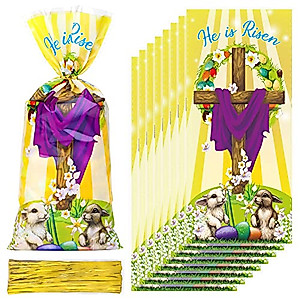 Fovths 100 Pack Easter Treat Bags Plastic Easter Candy Bags, Inspiring He is Risen Sign Clear Cellophane Candy Treat Bags with 100 Piece Gold Twist Ties for Easter Theme Bible School Party Favors