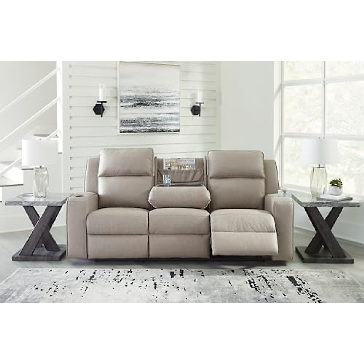 Signature Design by Ashley Lavenhorne Contemporary Faux Leather Manual Reclining Sofa with Drop Down Table, Cup Holders and USB Ports, Beige