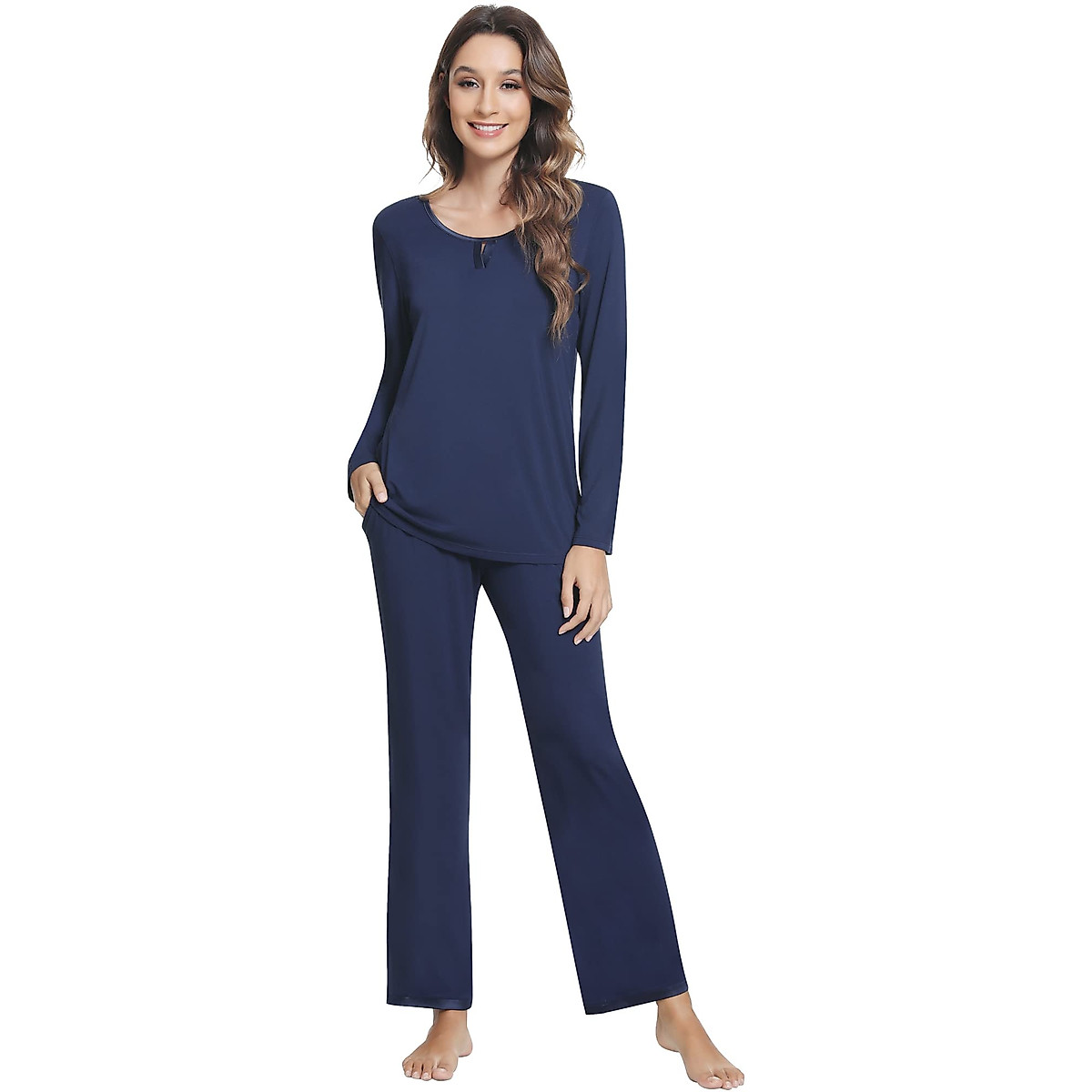 NACHILA Pajamas Set for Women Long Sleeve Pjs Soft Sleepwear Comfy Loungewear Sets with Pants, Viscose Made from Bamboo Navy M