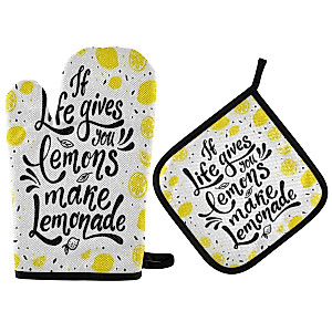 ALAZA If Life Gives You Lemons Make Lemonade Oven Mitts and Pot Holders Sets Heat Resistant Kitchen Oven Gloves Potholder for Cooking Baking Grill
