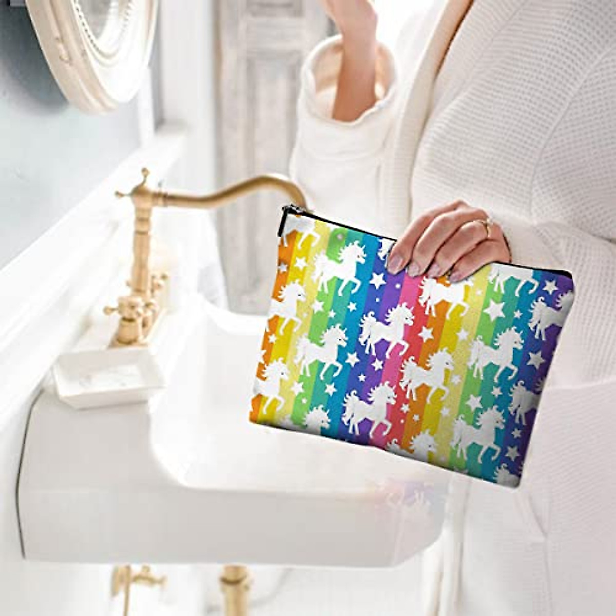 Givotin Cosmetic Bags for Women Cute Makeup Bag for Purse Canvas Travel Toiletry Bag Funny Zipper Pouch-Rainbow Unicorn Makeup Bags