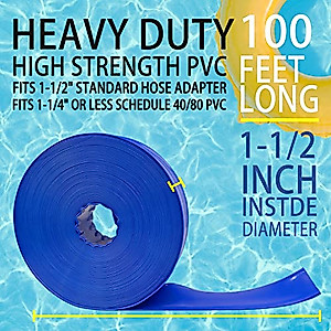 Poolvio 1-1/2" x 100' Professional Blue Backwash Hose with Clamps, General Purpose Reinforced PVC Lay-Flat Water Discharge Hose,for Use While Back-Washing Filters and Draining Pools