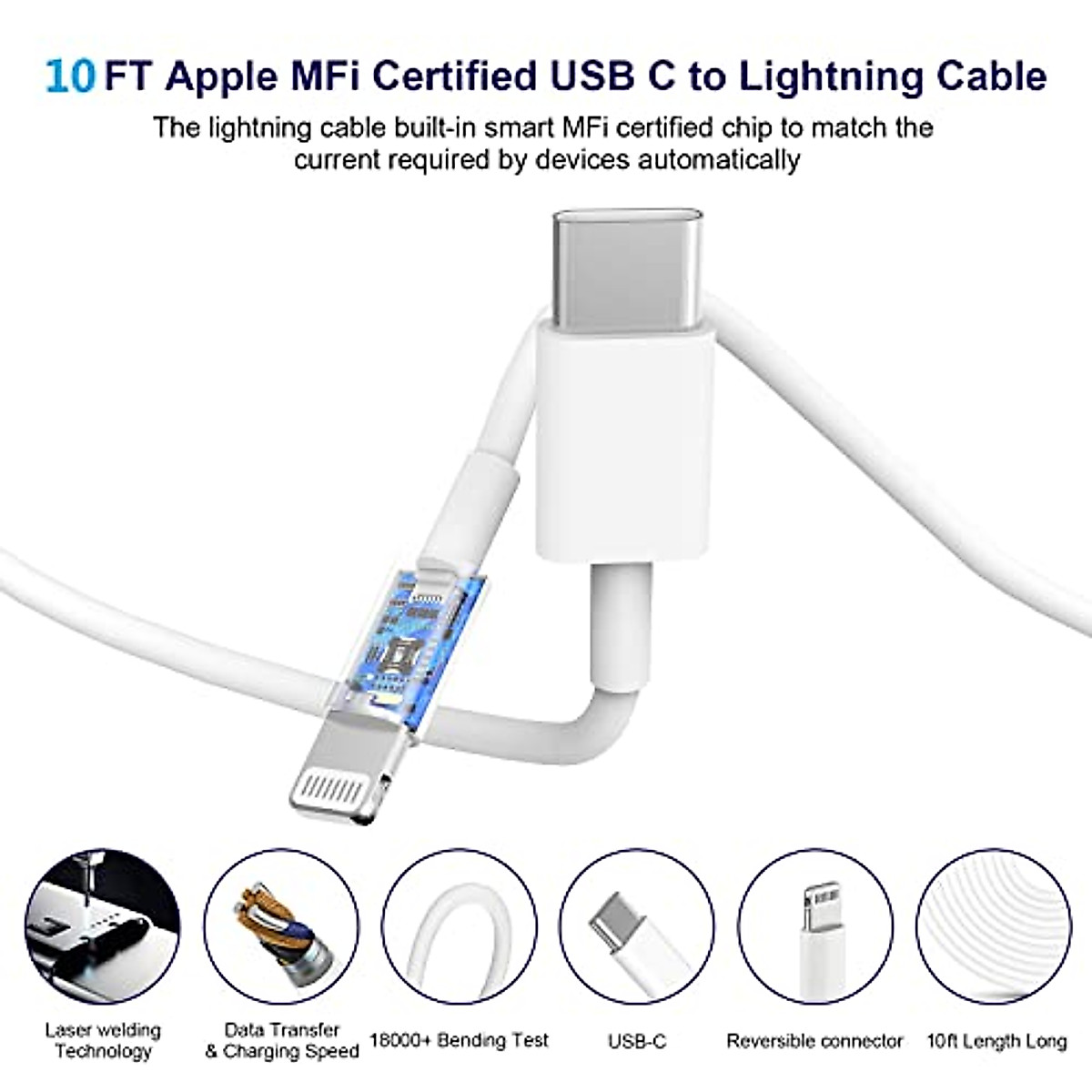3 Pack iPhone Fast Charger, [Apple MFi Certified] 20W USB C Power Delivery Wall Charger Block with 10FT Extra Long Type C to Lightning Fast Charging Data Sync Cable for iPhone 14 13 12 11 XS XR X iPad