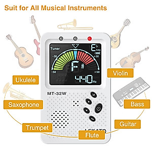 Metronome Tuner, Rechargeable 3 In 1 Digital Metronome with Vocal Count, Tone Generator Tuners for Guitar, Bass, Violin, Ukulele, Chromatic, Clarinet, Trumpet, Flute, All Instruments, White by LEKATO