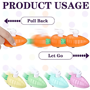 12 Pcs Easter Toys Pull Back Cars Toy Carrot Cars Driven by Rabbit Friction Powered Animal Cars Vehicles Plastic Go Back and Forth Car Toys for Easter Basket Filler Party Favors Gifts, 6 Colors