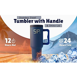 SIP SPHERE Tumbler 40oz Insulated Travel Mug with 2 Straws Double Wall Vacuum Insulated Car Cup Keeps Drinks Hot & Cold (Dark Blue)