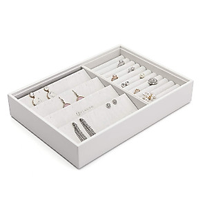 Vlando Jewelry Tray - Faux Leather Glass-top Jewelry Storage Organizer - Earring Necklace Bracelet Ring Display Desktop Drawer Chest, 4-Layer w/Clear Lid, White