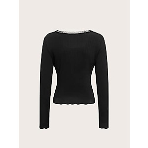 SOLY HUX Women's Y2K Long Sleeve Tops Scoop Neck Ribbed Knit Lace Trim T Shirts Slim Fitted Tees Pure Black S