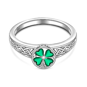 St Patricks Day Shamrock Ring Four Leaf Clover Ring for Women Sterling Silver Celtic Knot Irish Green 4 Leaf Clover Jewelry Prom Valentines Gifts Size 7