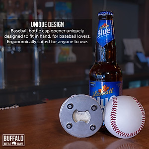 Stainless Steel Baseball Bottle Opener, Beer Bottle Opener Made from Real Leather Baseball, Magnetic Bottle Opener & Cap Catcher, Baseball Coach Gifts for Men, Baseball Gifts