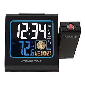 La Crosse Technology 616-146A 5-Inch Color Atomic Projection Alarm Clock with Moon Phase, Black, 5.23"L x 1.96"W x 4.33"H