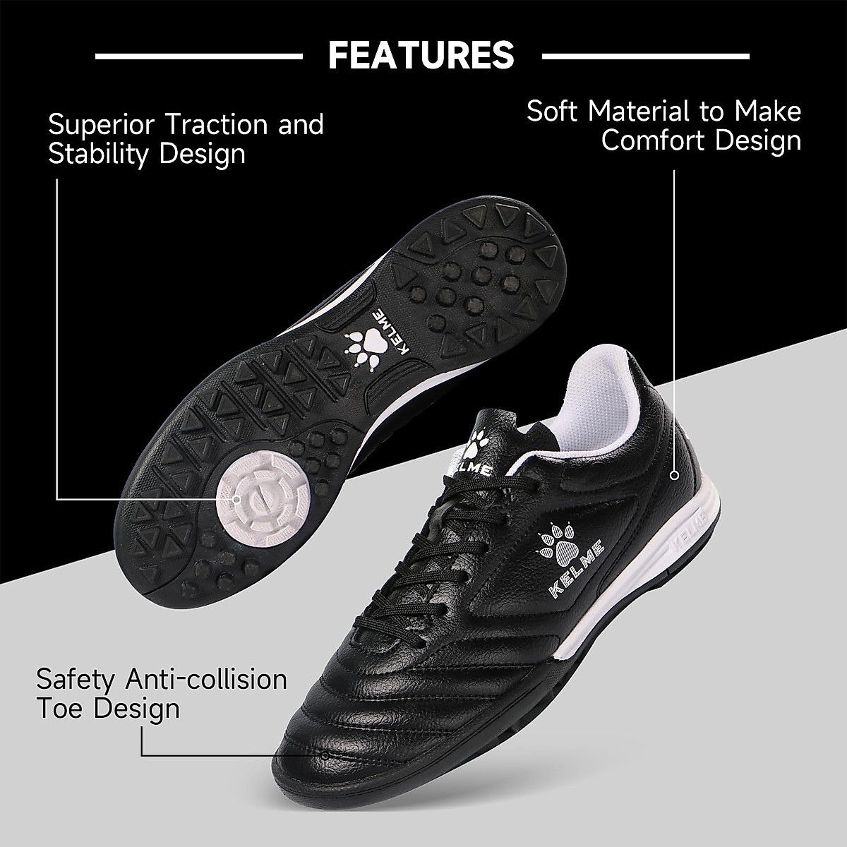 KELME Men Indoor Turf Soccer Shoe, Arch Support Soccer Cleats, Performance Futsal Sneaker Black US 8.5