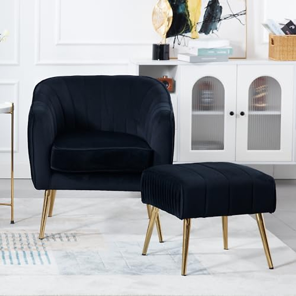Westice Accent Chair with Ottoman, Upholstered Living Room Chair Velvet Sofa Chair with Footrest for Bedroom Reading Room Apartment Office, Black