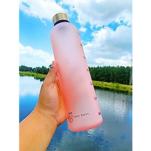 Water Bottle with Time Marker, 32oz 1 Liter, BPA Free Frosted Plastic, Reusable Water Bottle, Leakproof (Blush-Pink)