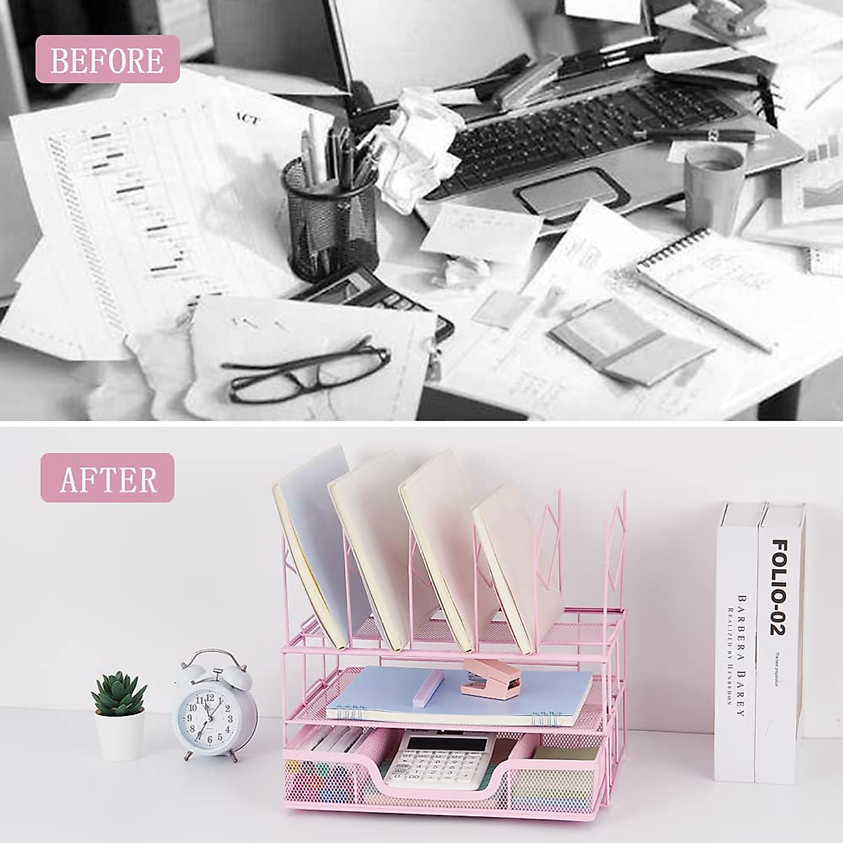 Becomrock Desk Organizers and Accessories, Office Supplies Desktop Organizer, Desk File Organizer with Sliding Drawer, Dual Tray and 5 Upright Section, File Folder Holder for Desk (Black)