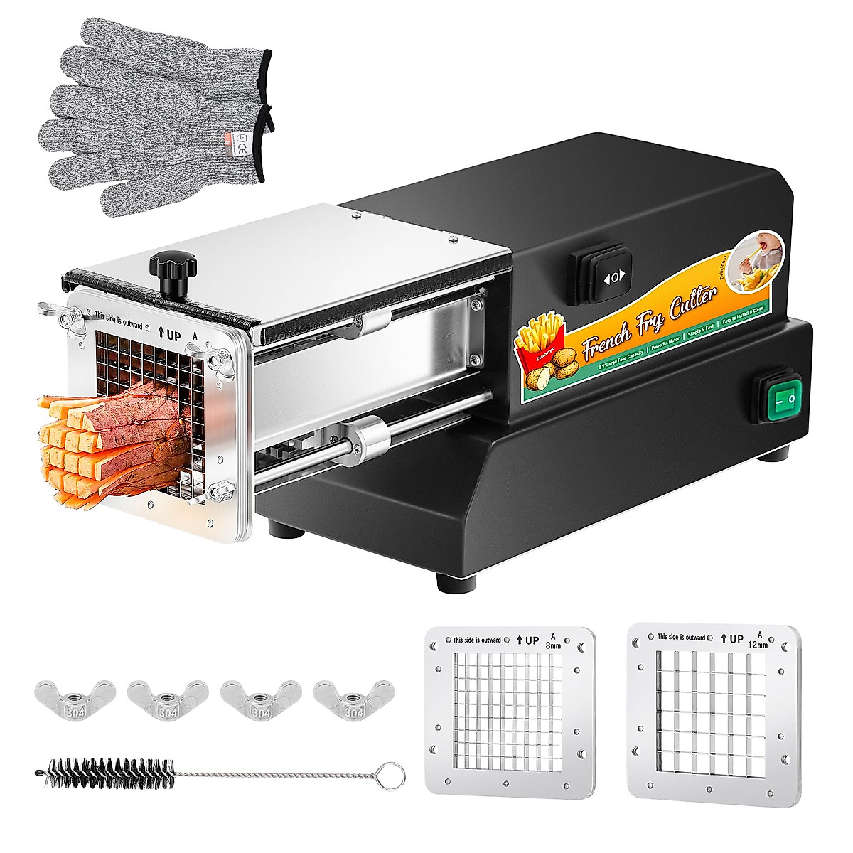 Huanyu Commercial French Fry Cutter Machine Electric Potato Cutter Professional Stainless Steel Fry Cutter with 2 Blades for Potato, Sweet Potato, Carrot, Apple (Black)