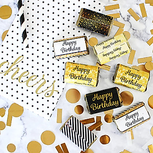 Happy Birthday Party Miniatures Candy Bar Wrapper Stickers - Gold and Black - 45 Count