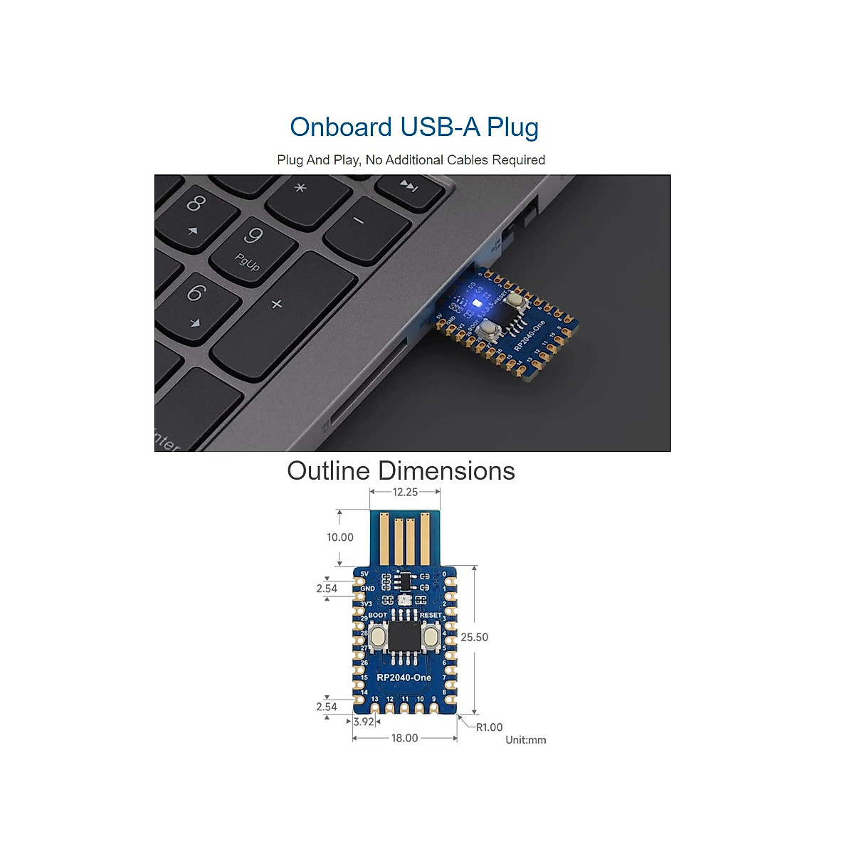 waveshare RP2040-One Microcontroller Development Board Type-A 4MB Flash Pico-Like MCU Board Based on Raspberry Pi RP2040,PCB USB-A Port,Support C/C++,MicroPython