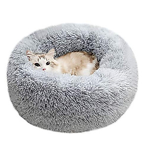 BODISEINT Modern Soft Plush Round Pet Bed for Cats or Small Dogs, Mini Medium Sized Dog Cat Bed Self Warming Autumn Winter Indoor Snooze Sleeping Cozy Kitty Teddy Kennel (24'' D x 8'' H, Light Grey)