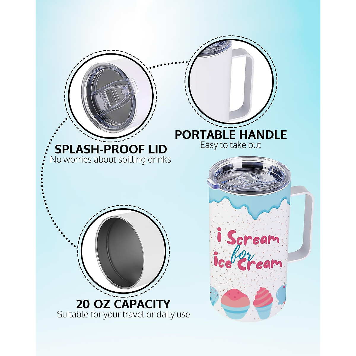 OFFNOVA 20oz Sublimation Tumblers with Handle, 4 Pack Sublimation Coffee Mugs with Lid, Stainless Steel Coffee Tumbler Travel Mug for Cold Hot Drinks