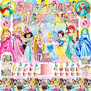 Princess Birthday Decorations - Princess Party Decorations include Banner Tablecloth Backdrop Ballons Cake Cupcake Toppers Tableware Haning Swirls, Princess Birthday Party Supplies