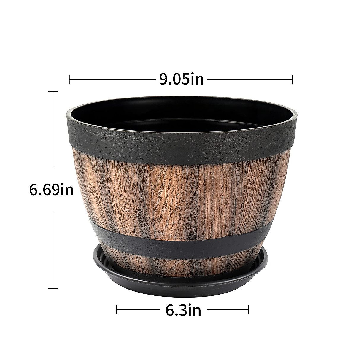 Quarut 9 Inch Plant Pots with Drainage Holes & Saucer,2 Pack Decor Flower Pots Canbe Used for Indoor Outdoor.Resin Whiskey Barrel Planters Imitation Wooden Barrel Design,Lightweight,no Fade.(Brown)