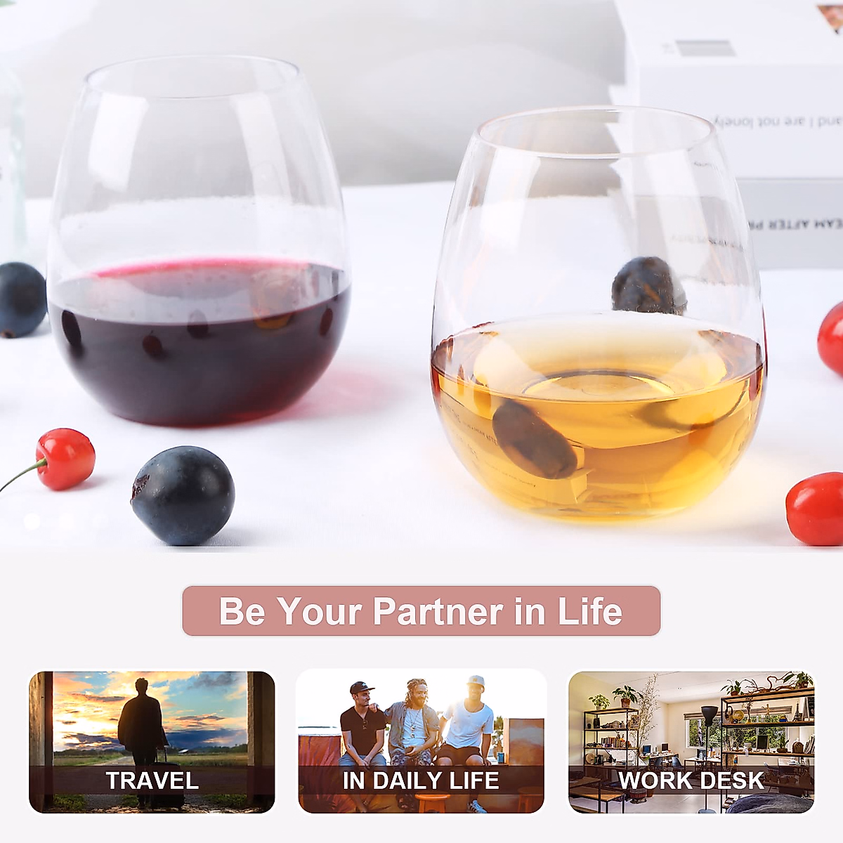 MICHLEY 18oz Red White Stemless Wine Glasses Tritan Plastic-Shatterproof Drinking Tumbler, Dishwasher Safe Drinkware for Parties Camping, Set of 4