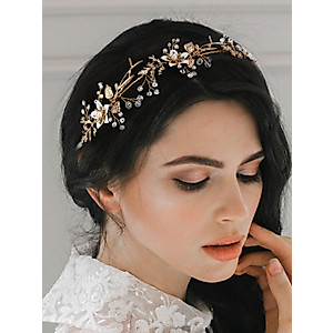 SWEETV Gold Wedding Headband Flower-Leaf Bridal Headpieces for Wedding Hair Accessories for Brides Crystal Pearl Hair Vine