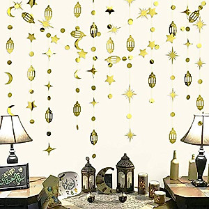 Gold Eid Mubarak Ramadan Decorations Hanging Star Moon Circle Dot Crescent Lamp Garland Streamer Backdrop Banner Decorations for Home Happy Ramadan Lesser Bairam Islam Muslim Wedding Birthday Party