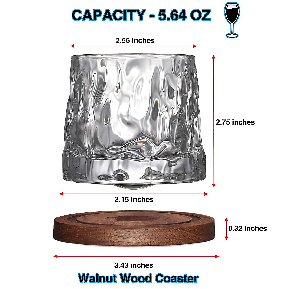BOLESTA Whiskey Glasses Set of 2, Rotatable Tumbler Crystal Glass Cups, Drinking Glasses with 2Pcs Creative Walnut Coasters and Gift Box - for Scotch,Bourbon,Cocktails