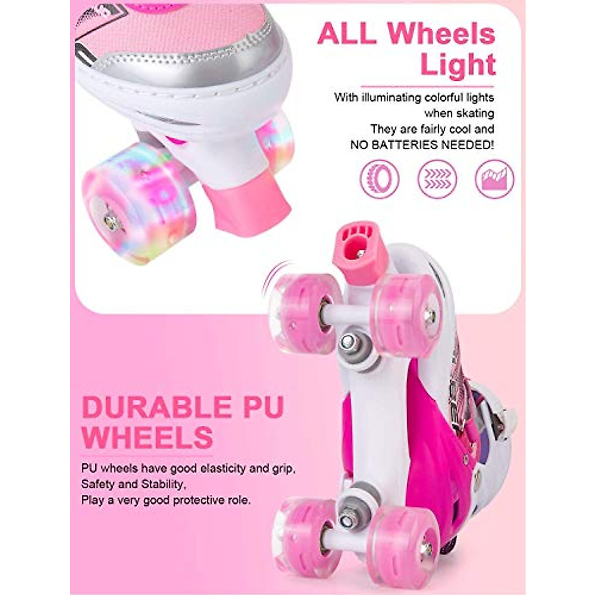 Sowume Adjustable Kids Roller Skates for Girls and Women, All 8 Wheels of Girl's Skates Shine, Safe and Fun Illuminating for Beginner