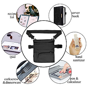 HGNUTAY Server Apron Waiter waitress Server Apron Pouch with Removable Money Restaurant Water-resistant Apron Bag with Adjustable Shoulder Strap and Waist Belt for Tip, Change, IPad, Tablet, Black
