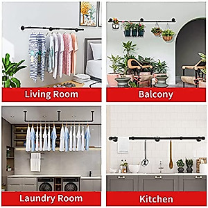 roundki Clothing Rack Wall Mounted, 70in Industrial Pipe Clothes Racks for Hanging Clothes, Heavy Duty Pipe Hanging Rod Garment Rack Bar for Closet Laundry, Max Load 145LbS Metal Black (2)