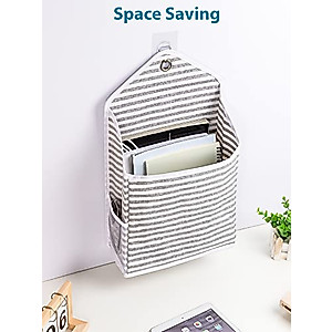 PARAKE Wall Hanging Storage Bag, 2 Pack Waterproof Hanging Organizer Bag for Bedroom, Large Pocket Organizer Basket with Side Pocket, 4 Sticky Hook, Hanging Bag for Bathroom Office, Grey White Stripes