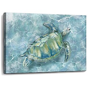 Bathroom Wall Decor Sea Turtle HD Pictures Print on Canvas Framed Wall Art for Bedroom Kitchen Modern Blue Coastal Room Decorations Art Work Green Turtle on Blue Water Size 12x16 inches Ready to Hang