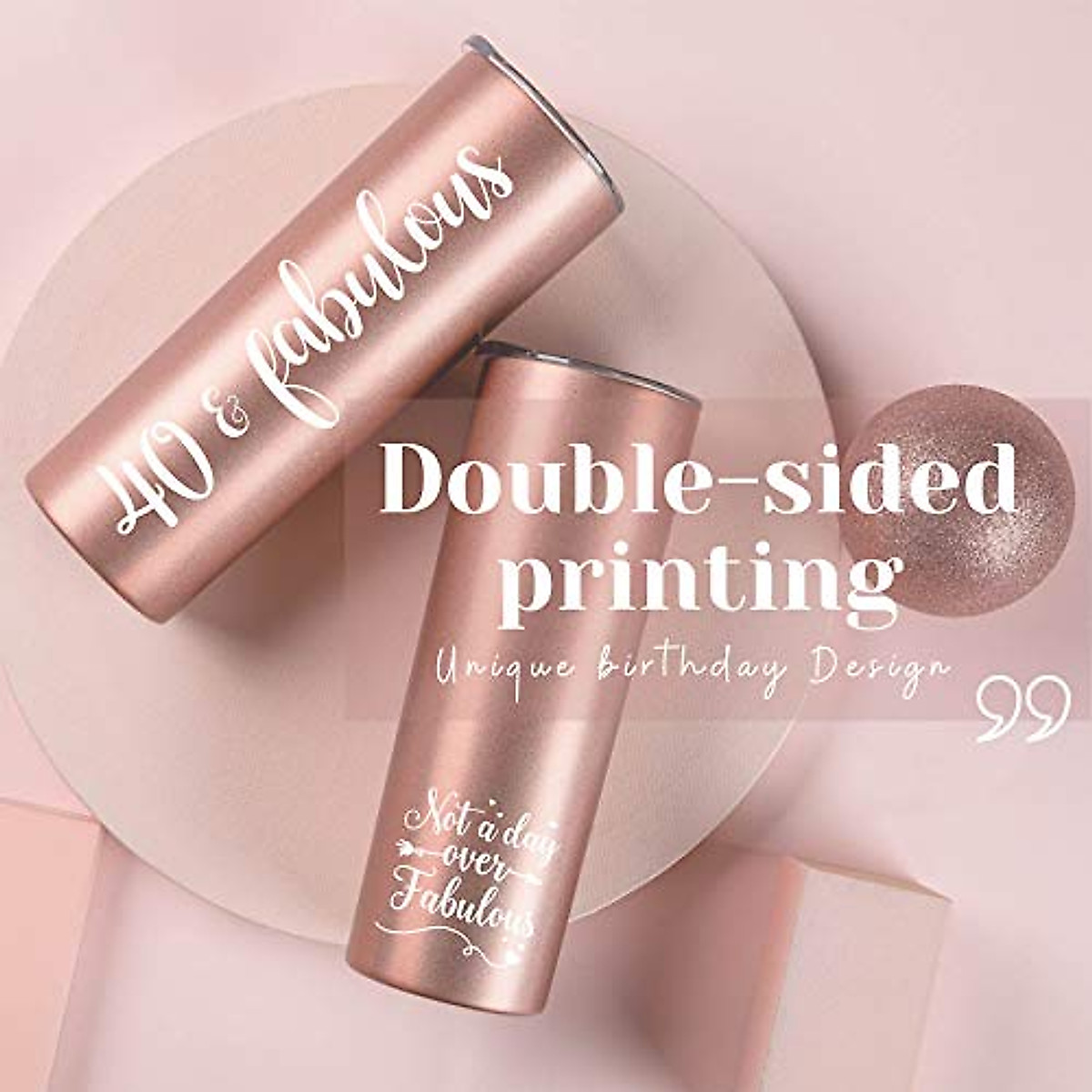 Onebttl 40th Birthday Gifts for Women, Female, Her - 40 and Fabulous - 20oz/590ml Stainless Steel Insulated Tumbler with Straw, Lid, Message Card - (Rose Gold)