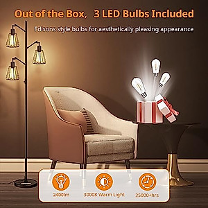 LEPOWER Tree Floor Lamp, Industrial Floor Lamps for Living Room with Multi Head, Dimmable Floor Lamp, LED Standing lamp Edison Bulbs, Pole Tall Lamp for Bedroom Office Black