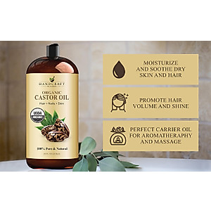 Handcraft Blends Organic Castor Oil - 28 Fl Oz - 100% Pure and Natural - Premium Grade Oil for Hair Growth, Eyelashes and Eyebrows - Carrier Oil - Hair & Body Oil - Expeller-Pressed