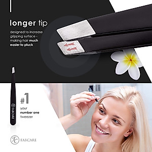 FABCARE Tweezers for plucking eyebrows with slanted tips, includes case, professional non-slip coating, high-quality tool for hair removal, suitable for men and women, precise and durable design.