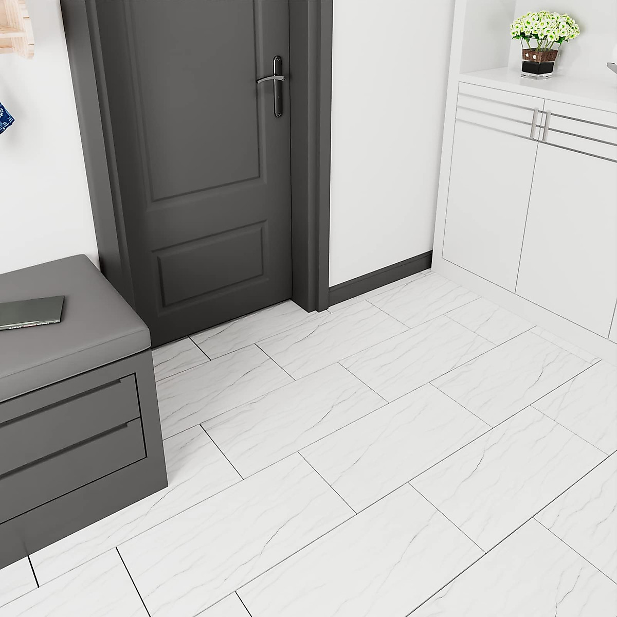 LaCheery Grey White Peel and Stick Floor Tile Marble 12x24 Inch Self Adhesive Vinyl Floor Tiles Peel and Stick Waterproof Removable Floor Tiles for Bathroom Kitchen Flooring Tiles Peel and Stick 4 PCS