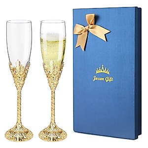 Jozen Gift Gold Champagne Flutes - Crystal Glasses&Metal Base With Crystal Stone, Set of 2 Toasting Flute Pair, Wedding Anniversary, Party Birthday Banquets Gifts for Bride and Groom 6 oz
