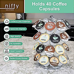 Nifty K Cup Holder – Compatible with K-Cups, Coffee Pod Carousel | 40 K Cup Holder, Spins 360-Degrees, Lazy Susan Platform, Modern Chrome Design, Home or Office Kitchen Counter Organizer