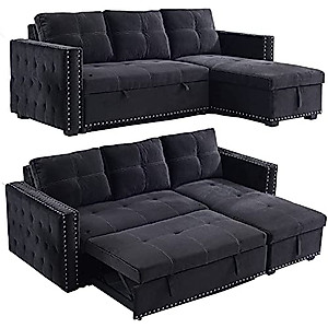 Sectional Sofa with Chaise, HABITRIO 91" L-Shape Loveseat Couch w/Roll-out Sleeper Bed, Reversible Storage Lounge, Black Velvet Upholstered Button Tufted Nailhead Trim Accent Furniture for Living Room