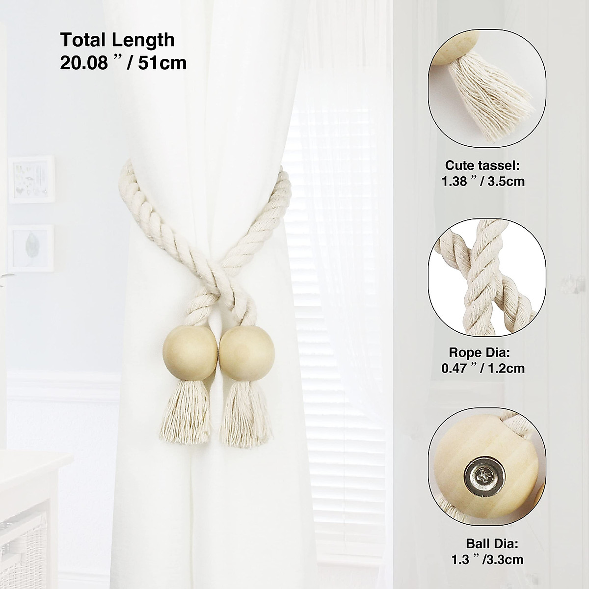 Nieffeiy 4 Pack Magnetic Curtain Tiebacks Cotton Hand Woven Tie Back Decorative Rope Holdbacks for Curtains Draperies No Tools Required, Beige