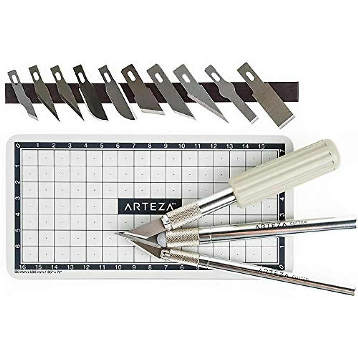 Arteza Hobby Knife Kit, Set of 17 Pieces Including 13 Steel Blades, Precision Knives with Precision, Trimming, and Cutting Handles, and Cutting Mat, Craft Supplies for Stenciling, Sewing, and Baking