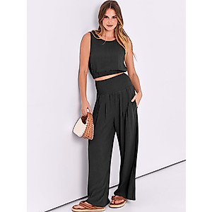 ANRABESS Women's 2 Piece Linen Lounge Set Casual Matching Pants Jumpsuit Summer Beach Travel Vacation Trendy Outfits Black Small