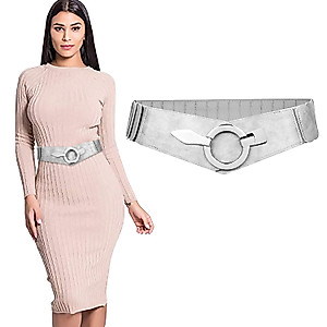 SUOSDEY Women Fashion Wide Elastic Belt Stretch Waist Belt with Easy Silver Buckle for Dresses,silver,S