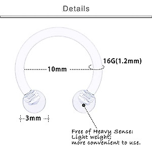 Yaalozei 16G Clear Plastic Lip Ring Hoop Nose Septum Eyebrow Ring Flexible Silicone Cartilage Tragus Helix Rook Daith Guages Earring Smiley Piercing Jewelry Retainer Surgery Sport Work Women Men 10mm