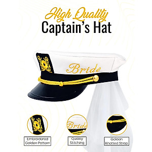 Bachelorette Party Captain's Hat - Cute Bride to Be Nautical Bachelorette Hat | Fun Bridal Shower Accessories Decor Wedding (with Veil) White